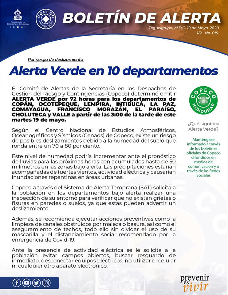 Copeco emite Alerta Verde para 10 departamentos del país - RCV Honduras