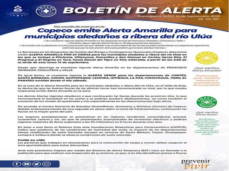 Copeco emite Alerta Amarilla para municipios aledaños a ribera del río ...