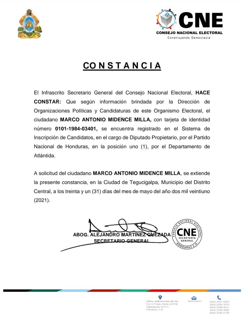 CNE inscribe a Marco Midence como candidato a diputado